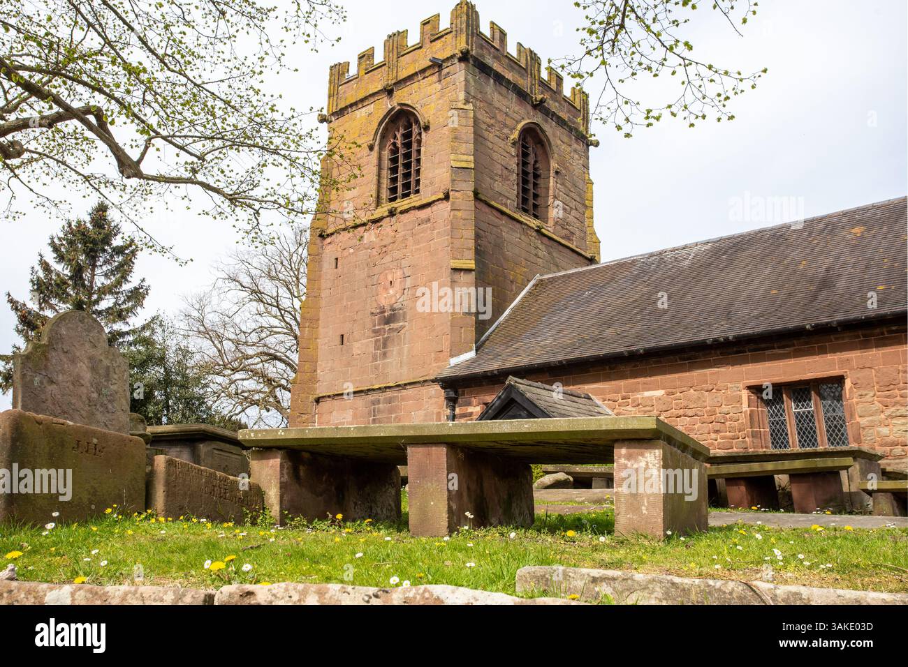 The sandstone 14Th century St Michael's Church at Shotwick the Wirral ...