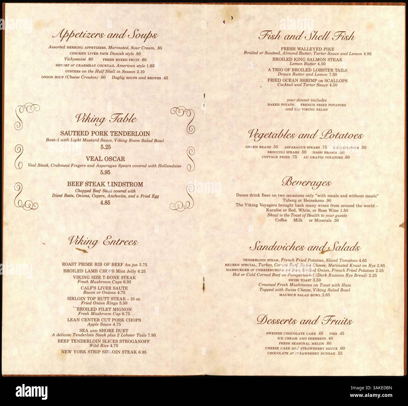 The Viking Menu is a bi-fold, orange-striped cardstock menu with a 4 ...