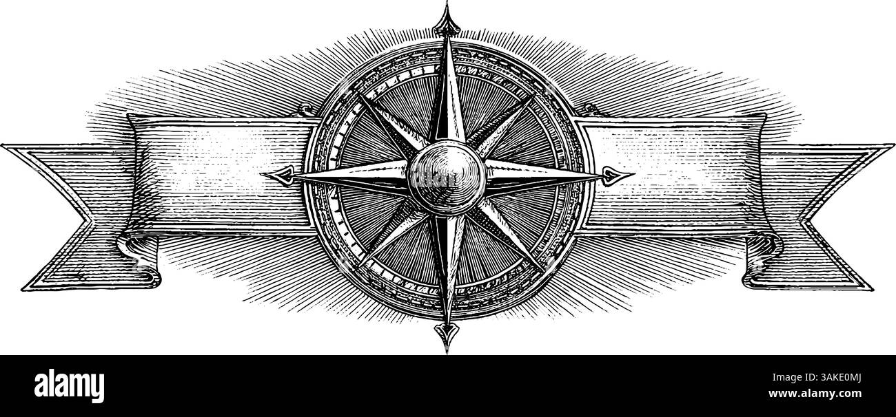 Vintage compass rose with engraved banner design for nautical themes ...