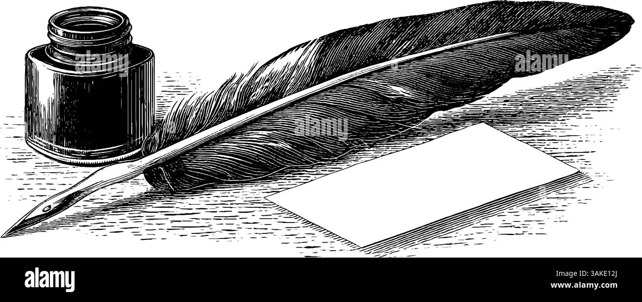 Vintage writing tools featuring feather pen and ink bottle illustration ...