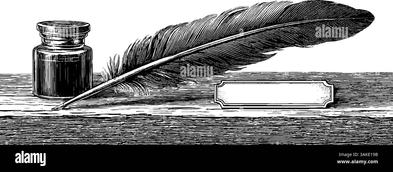 Vintage writing tools illustration featuring feather pen and ink bottle ...