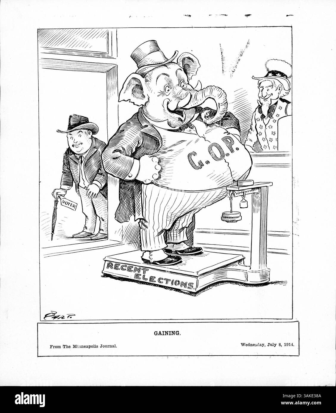 The political cartoon depicts the G.O.P. elephant standing on a scale ...