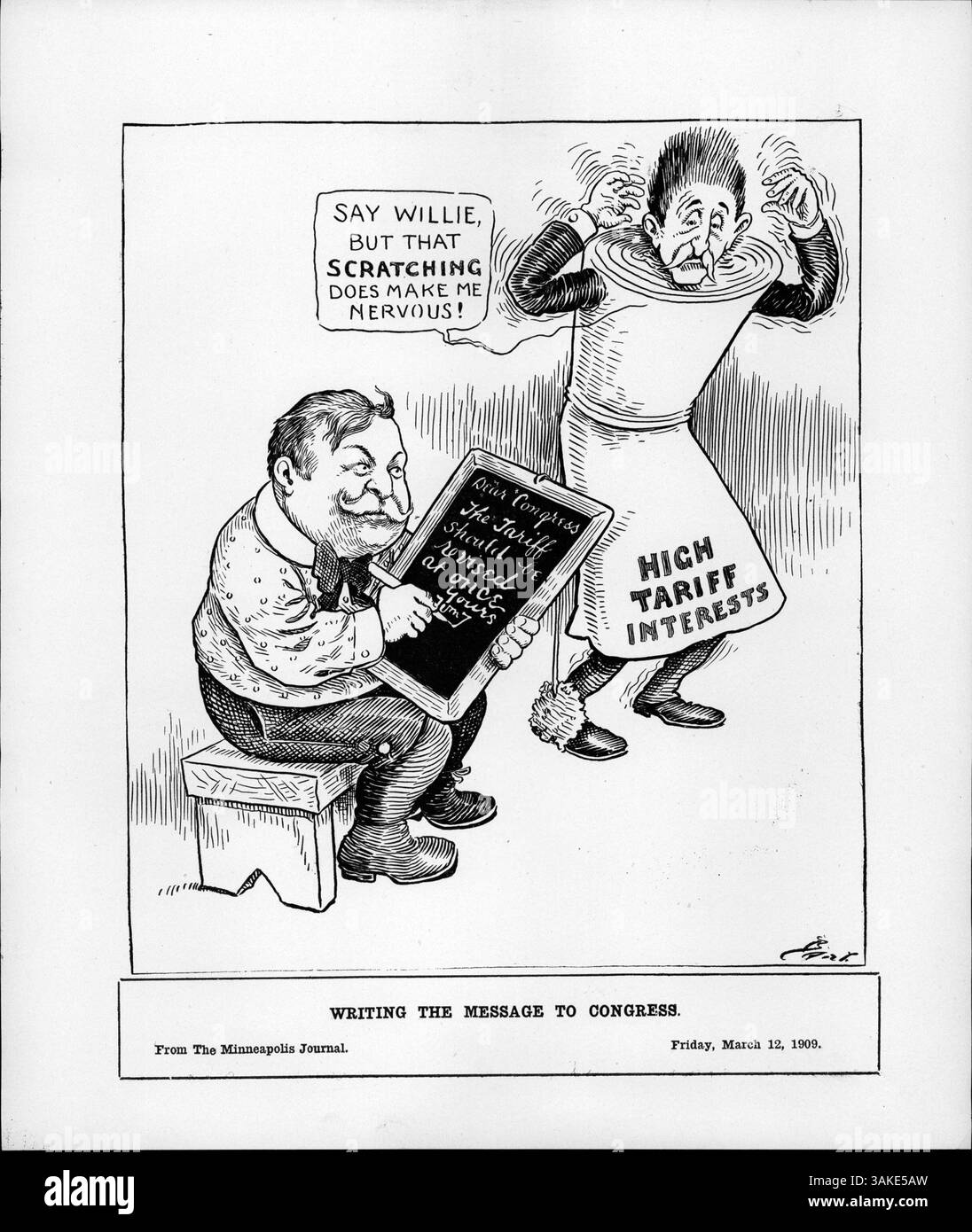 A political cartoon illustrating President Taft writing a message on a ...