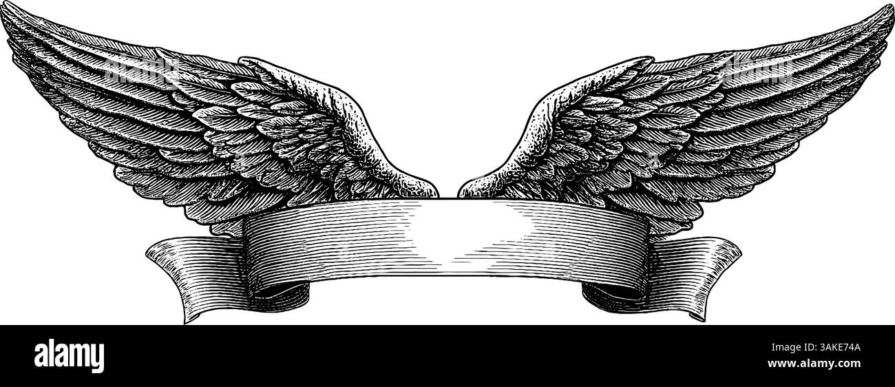 Vintage engraved illustration of stylised bird wings with blank banner ...