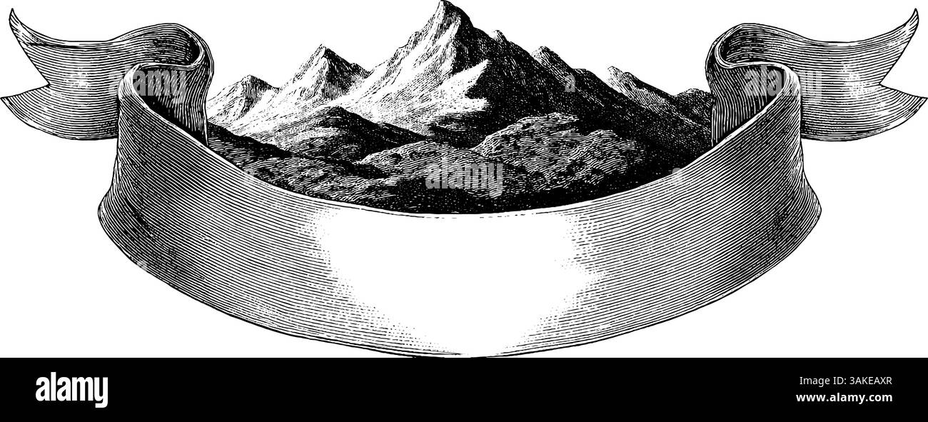 Vintage engraved banner with mountain scene for design and decoration ...