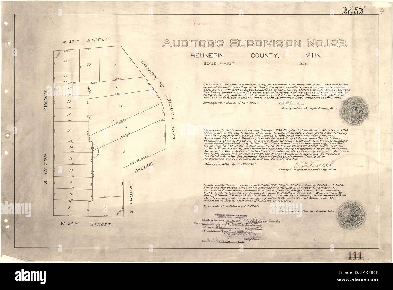 This map shows Auditor's Subdivision No. 128 in Hennepin County ...