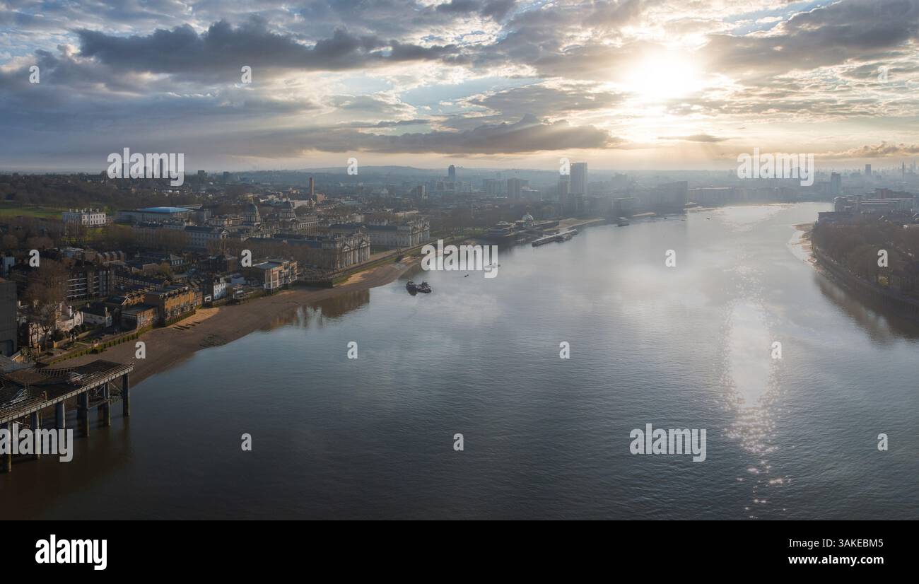 Aerial View of River Thames and Greenwich with Historic Landmarks Stock ...