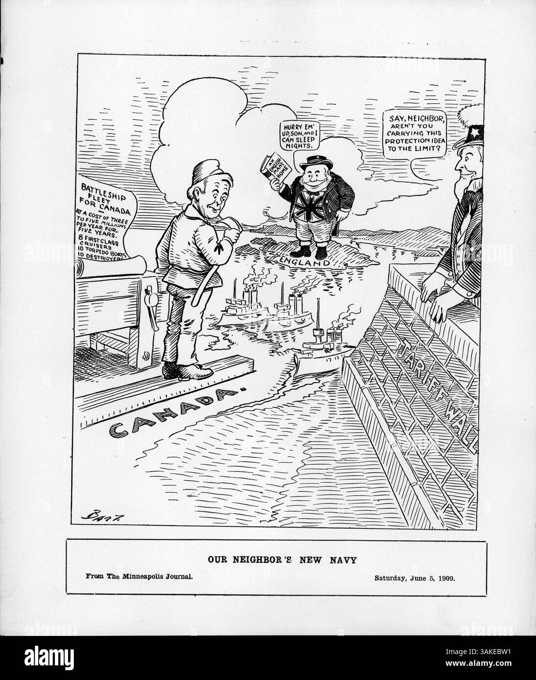 Canada's new battleship fleet, dispatched to England, is depicted with ...