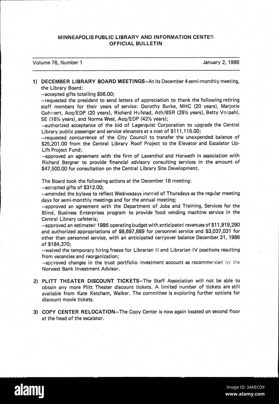 This 1986 edition of the Minneapolis Public Library Official Bulletin ...