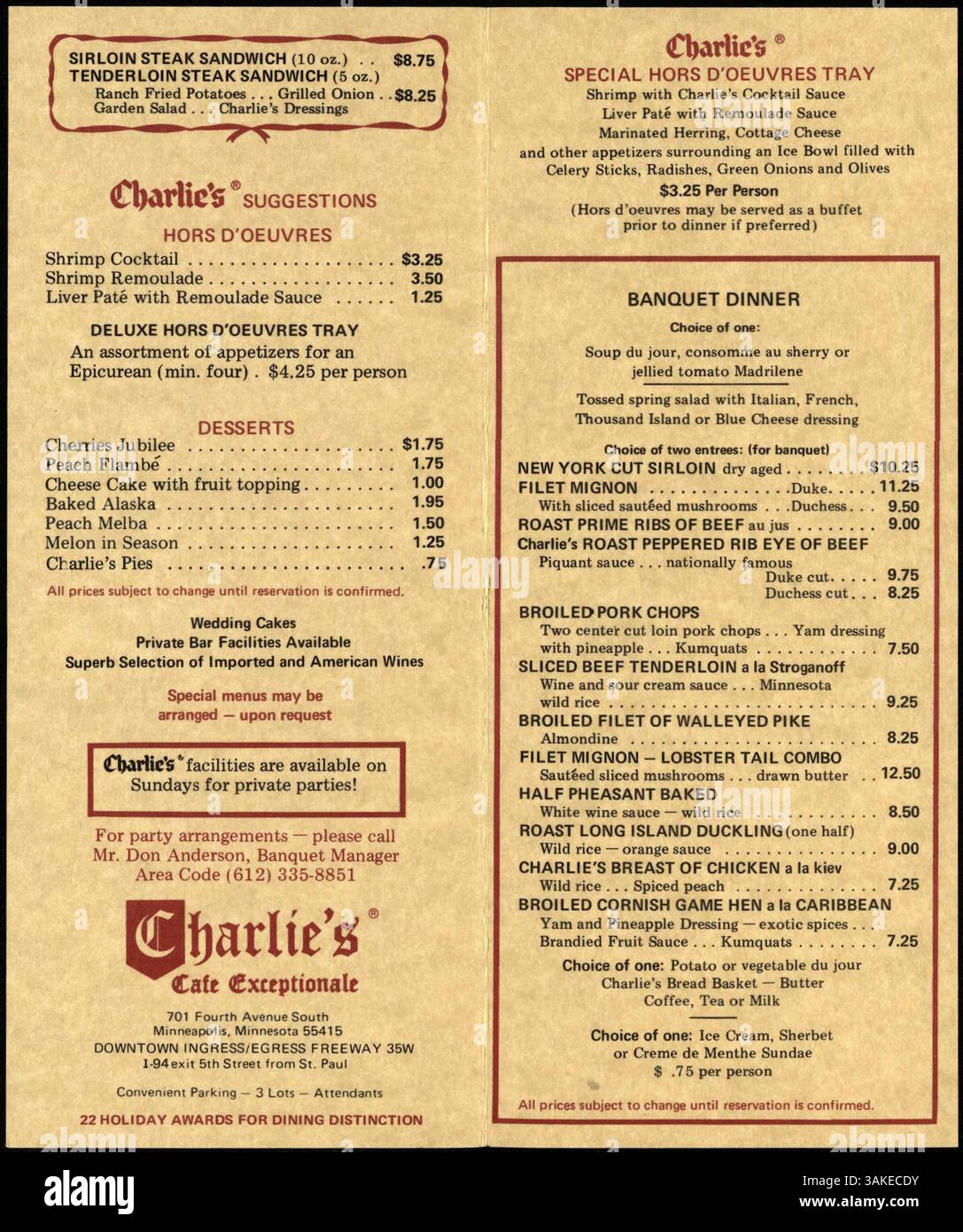 This 1974 bi-fold menu from Charlie's Cafe Exceptionale lists banquet ...