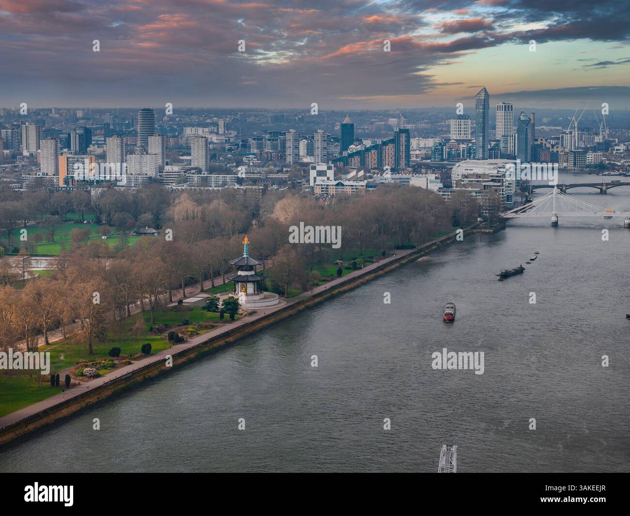 Aerial View of London with River Thames, Shard, and Chelsea Bridge ...