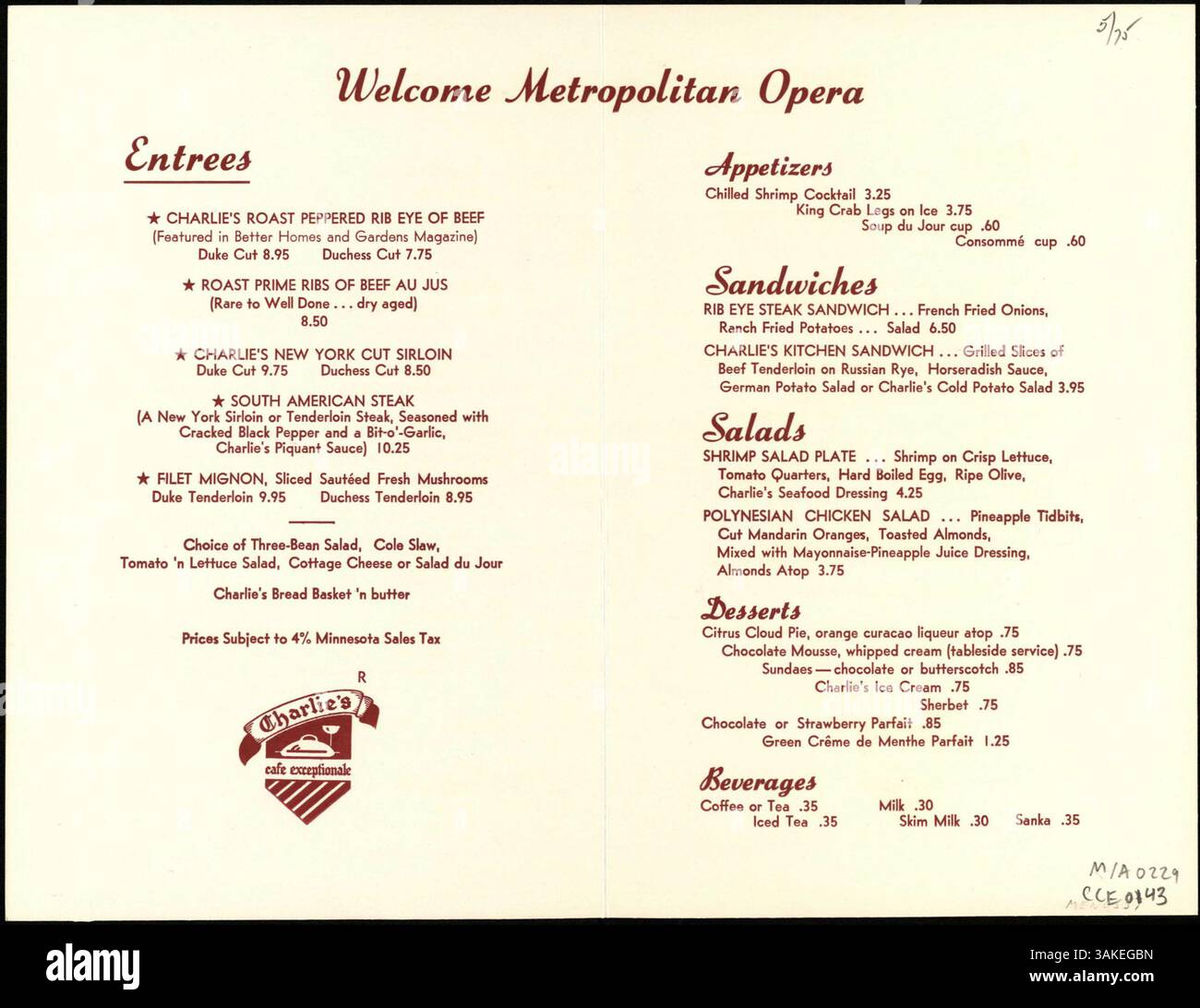This 1975 menu from Charlie's Cafe Exceptionale, located at the ...