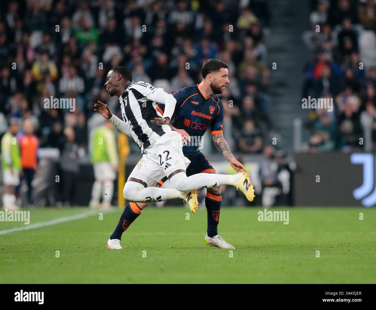 Turin, Italy. 12th Apr, 2025. Timothy Weah of Juventus FC and Danilo ...