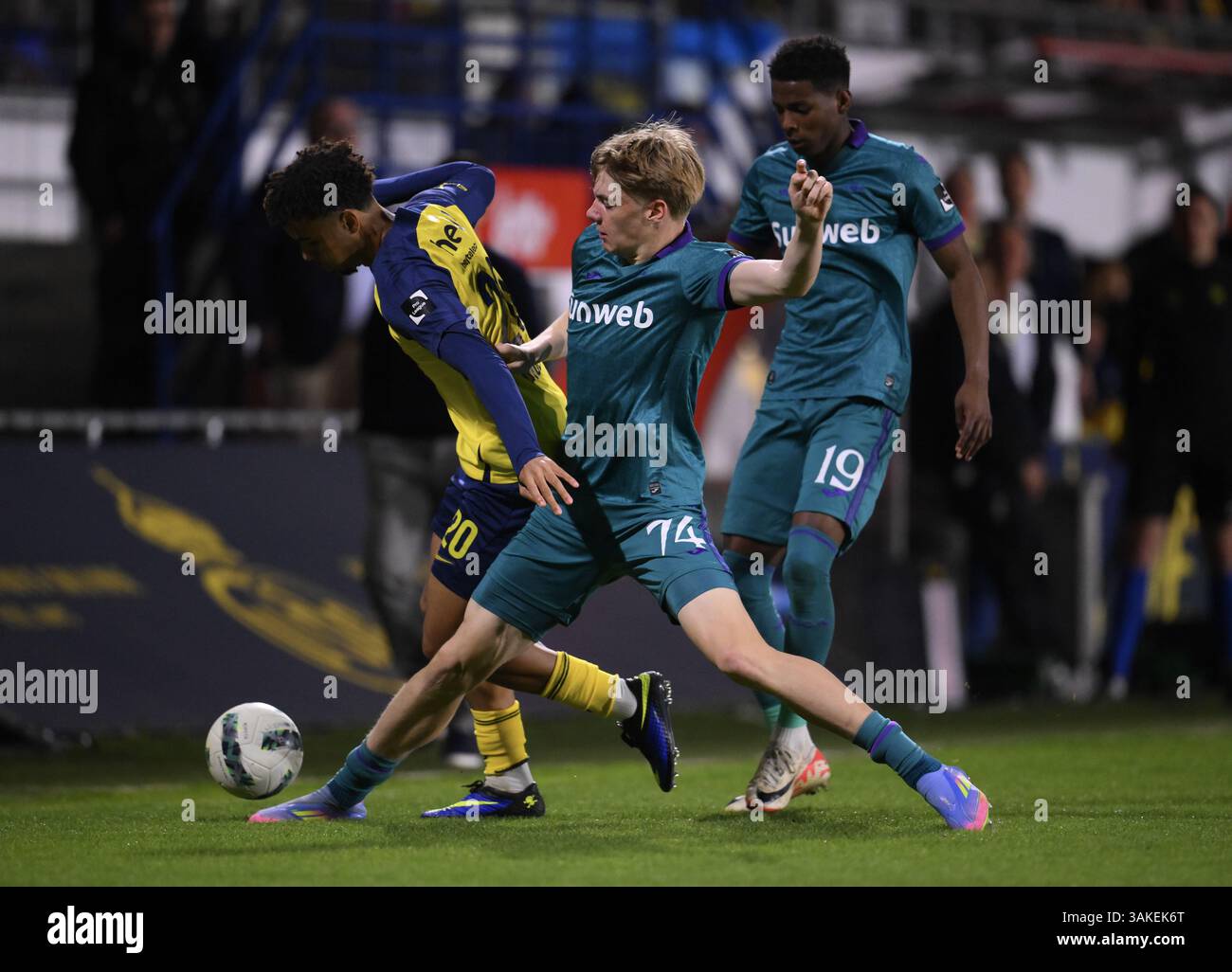 Brussels, Belgium. 12th Apr, 2025. Union's Marc Giger and Anderlecht's ...