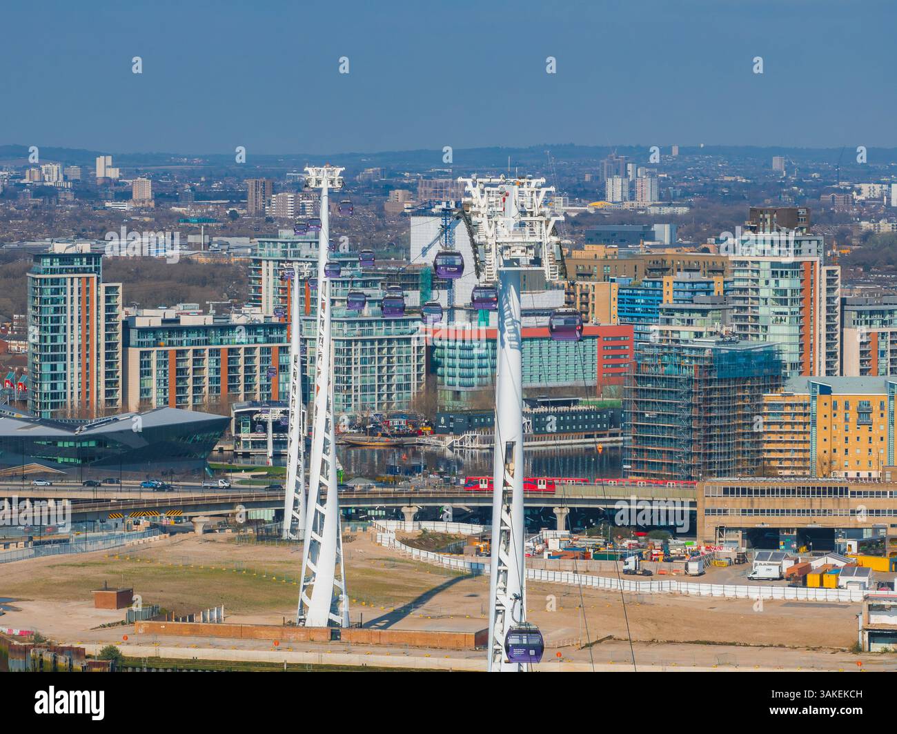 Aerial View of Emirates Air Line Cable Cars and O2 Arena in London ...