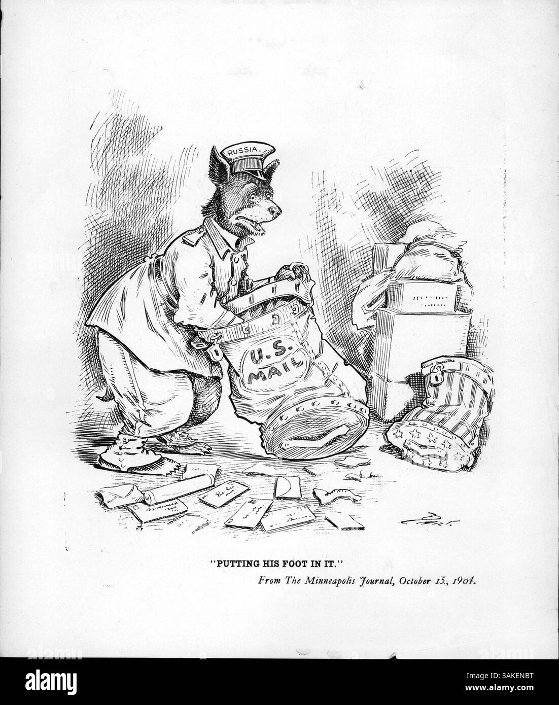 This 20th-century political cartoon, titled 'Putting His Foot In It ...