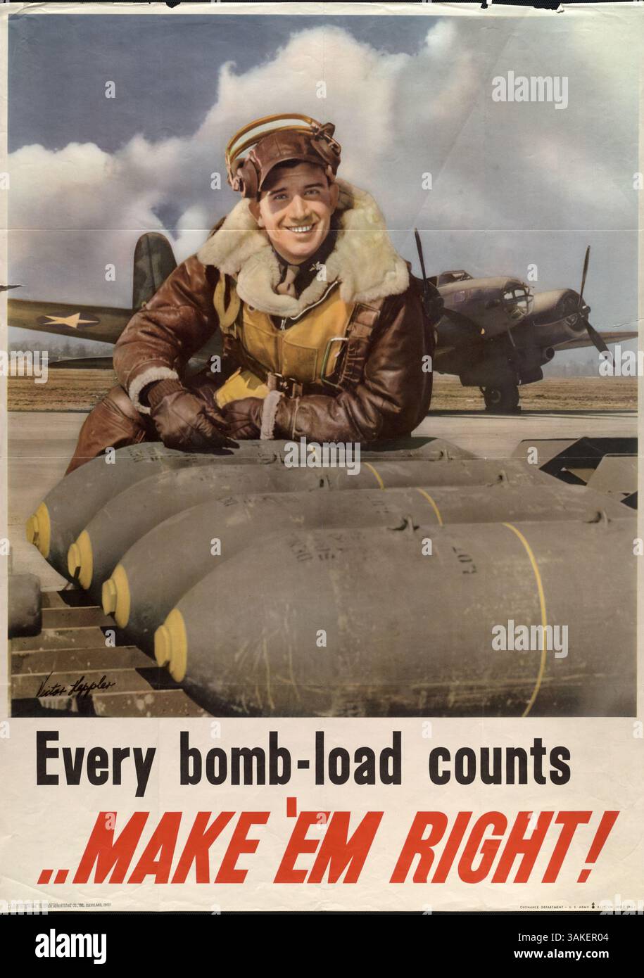 A pilot inspects large bombs next to a bomber plane in 1943. The image ...