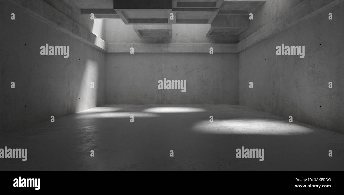 Abstract empty, modern concrete room with random offset light square ...
