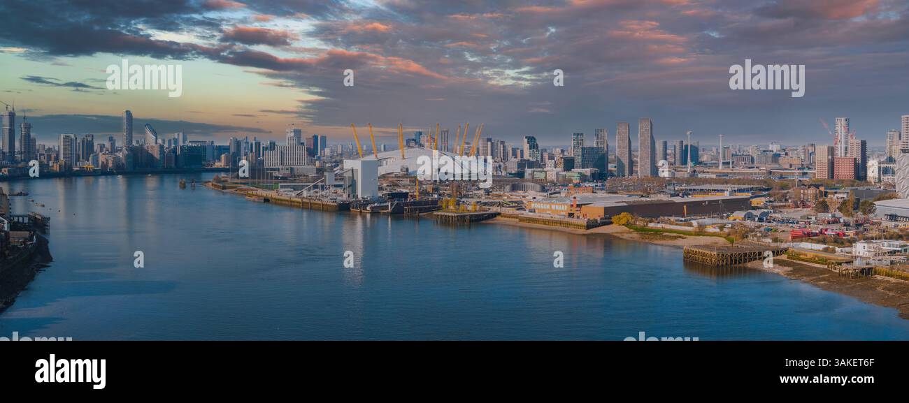 Aerial View of London Featuring O2 Arena and Canary Wharf Skyline Stock ...