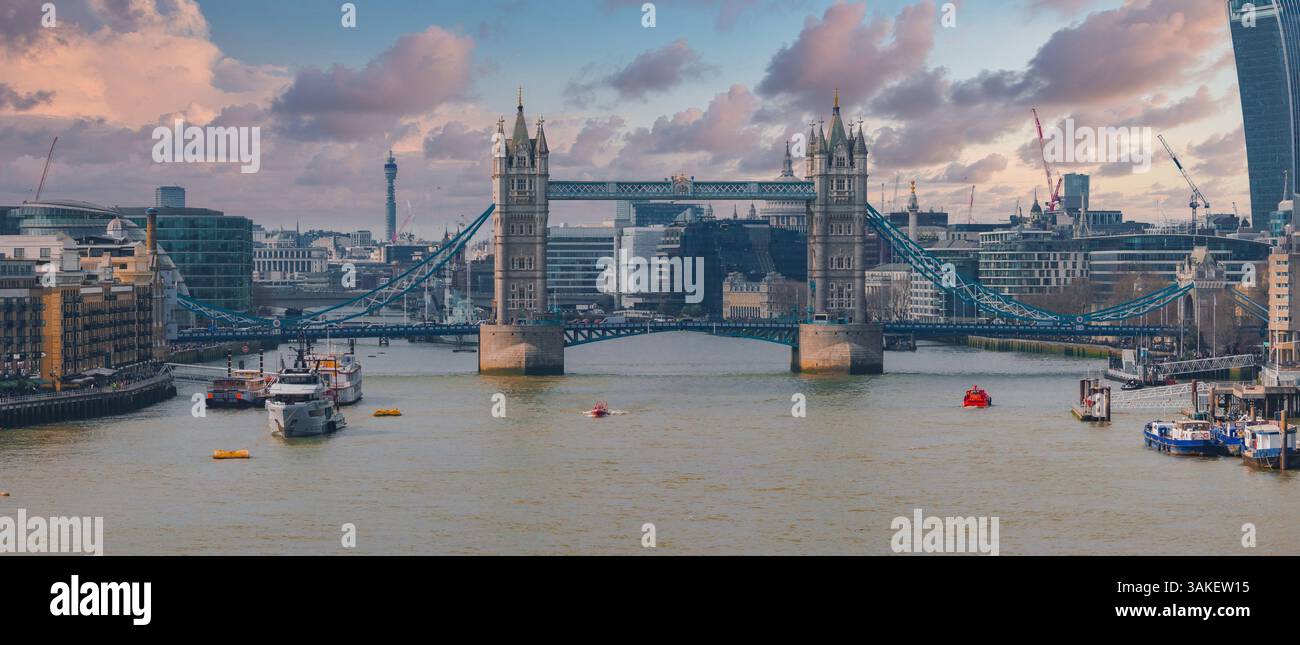 Tower Bridge Spanning the River Thames with London Landmarks Stock ...