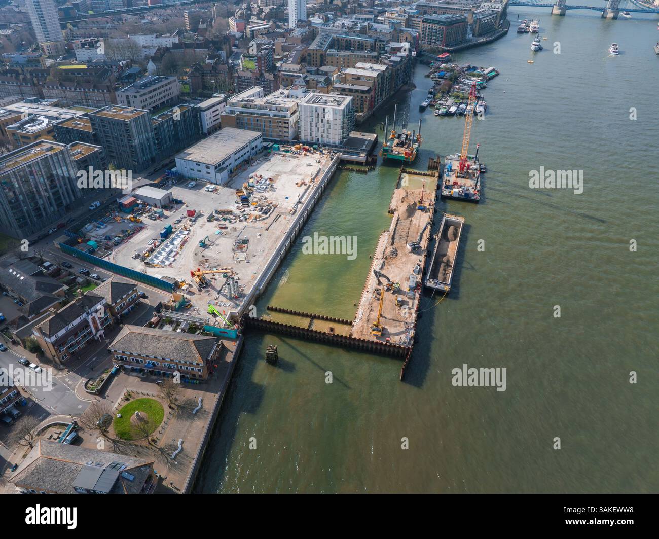Aerial View of Tower Bridge, River Thames, and London Construction Site ...