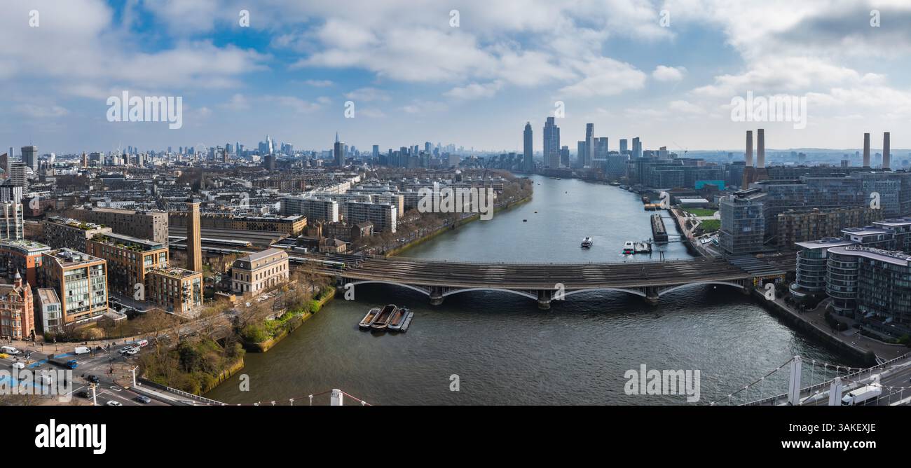 Aerial View of London with River Thames and Battersea Power Station ...