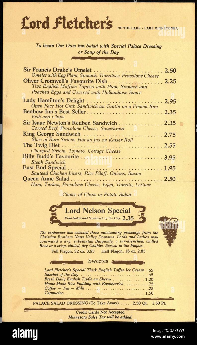 A bi-fold menu from Lord Fletcher’s restaurant, printed on tan ...