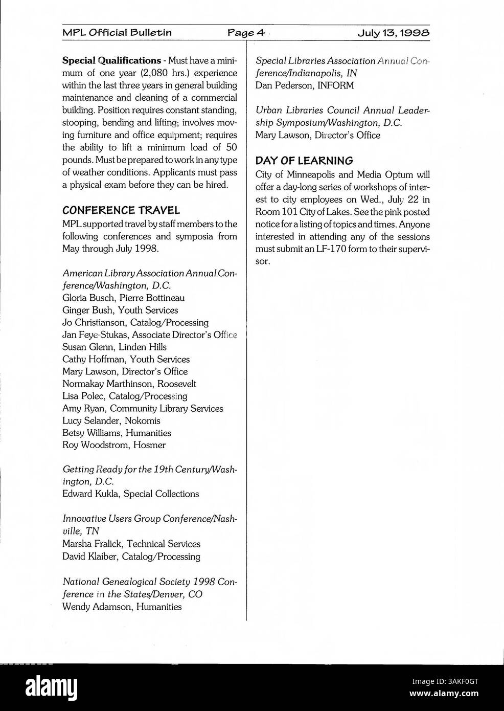 This weekly bulletin, issued in 1998 by the Minneapolis Public Library ...
