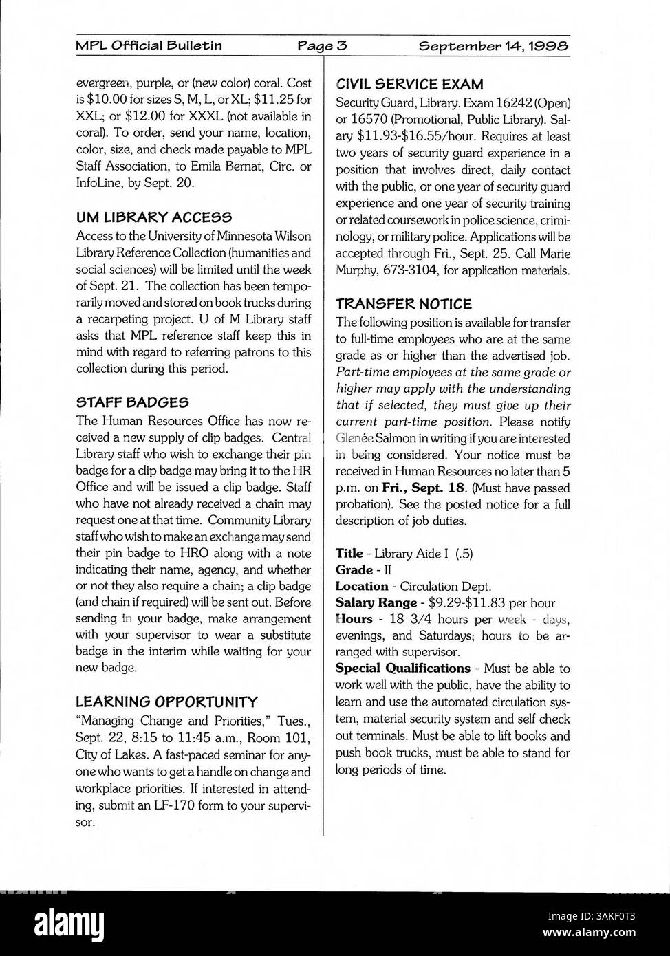The weekly bulletin from 1998 for Minneapolis Public Library employees ...