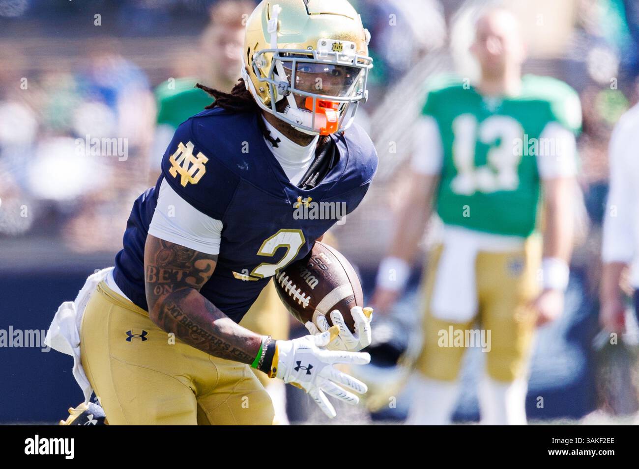 April 12, 2025: Notre Dame running back Gi'Bran Payne (3) runs with the ...