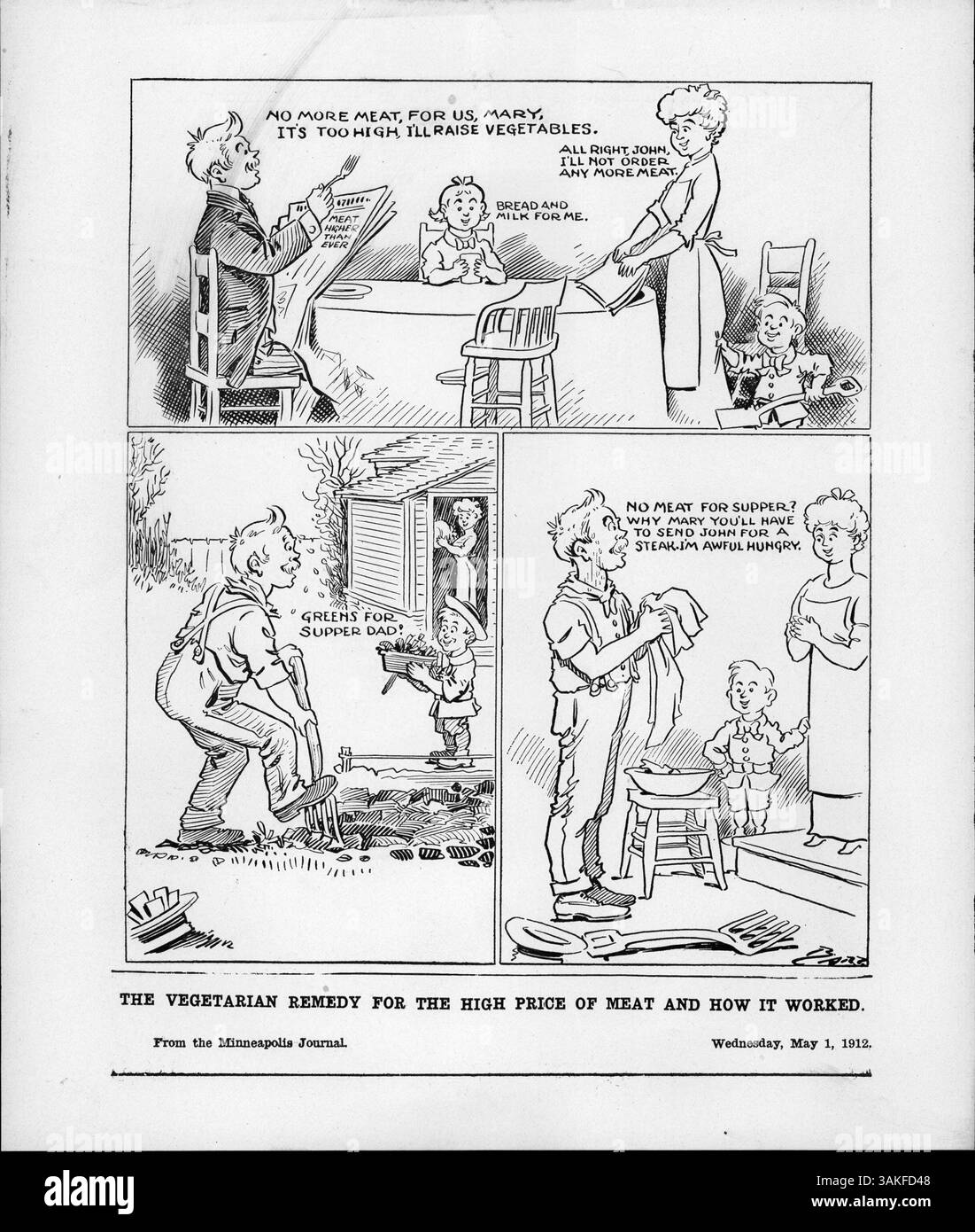 A comic strip illustrating a family switching from meat to vegetables ...