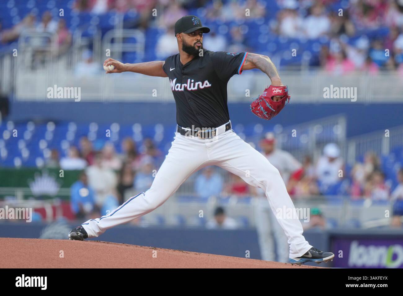 Miami Marlins pitcher Sandy Alcantara aims a pitch during the first ...