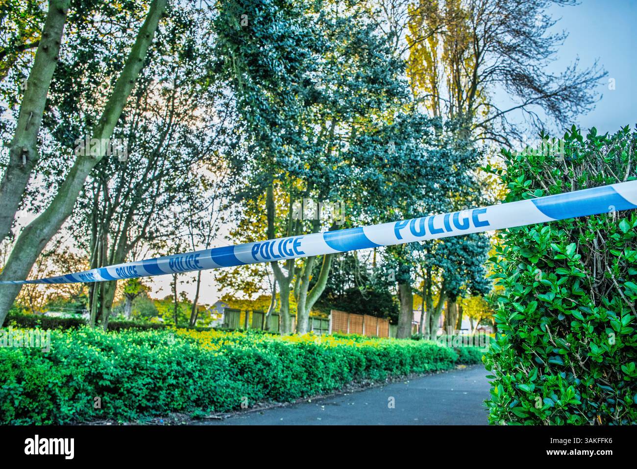 Crime scene tape at a park, with trees and hedges in the background ...