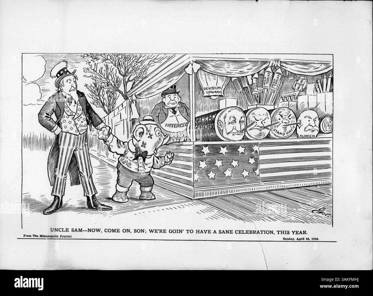 The illustration shows Uncle Sam and a small GOP elephant at a ...