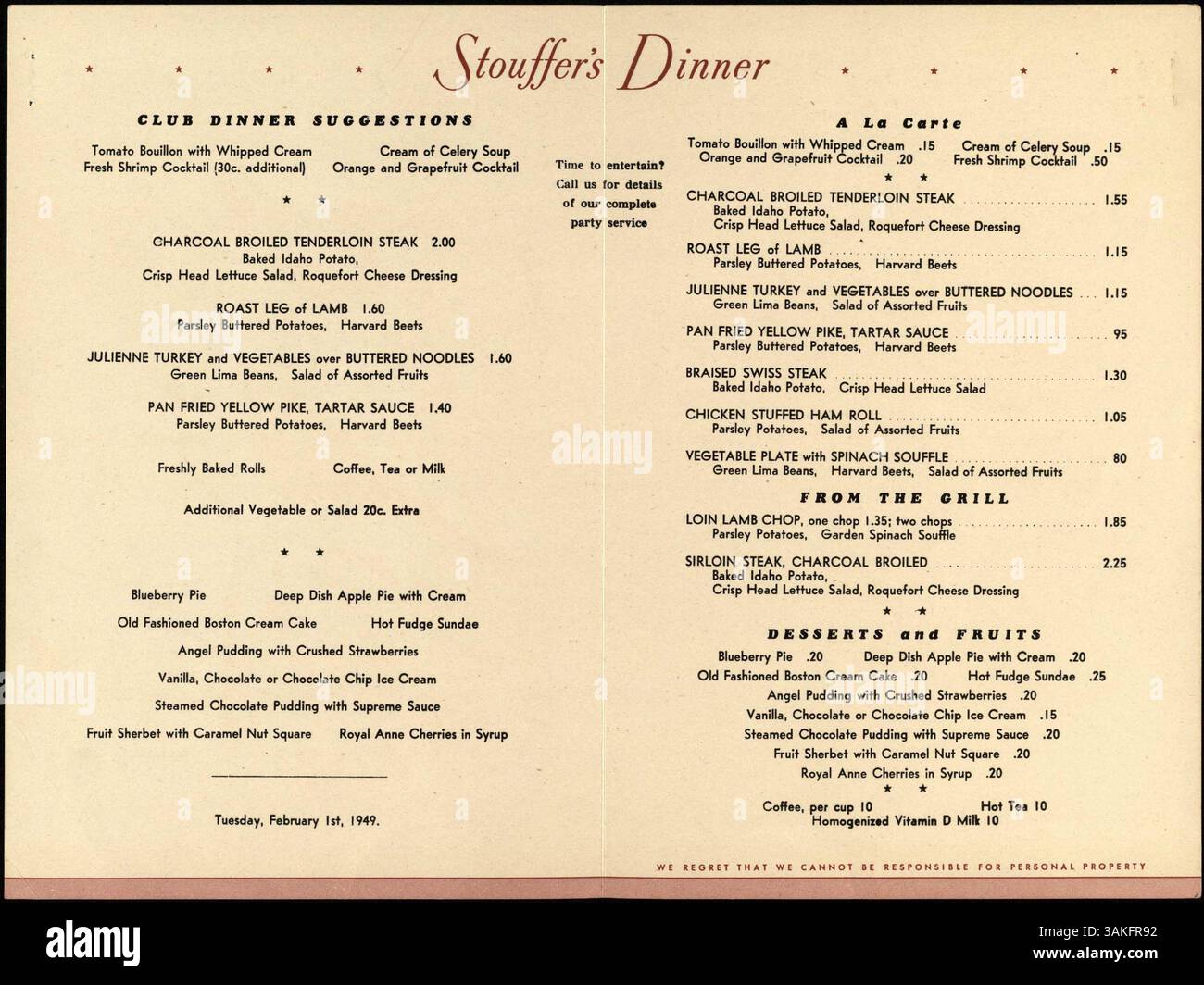 This bi-fold menu from Stouffer's Restaurant includes a cover ...