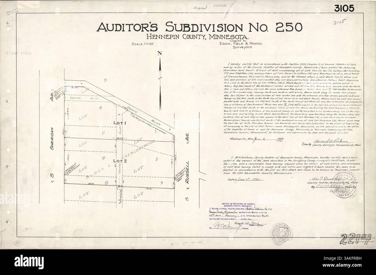 Subdivision map of Auditor's Subdivision Number 250, detailing the ...