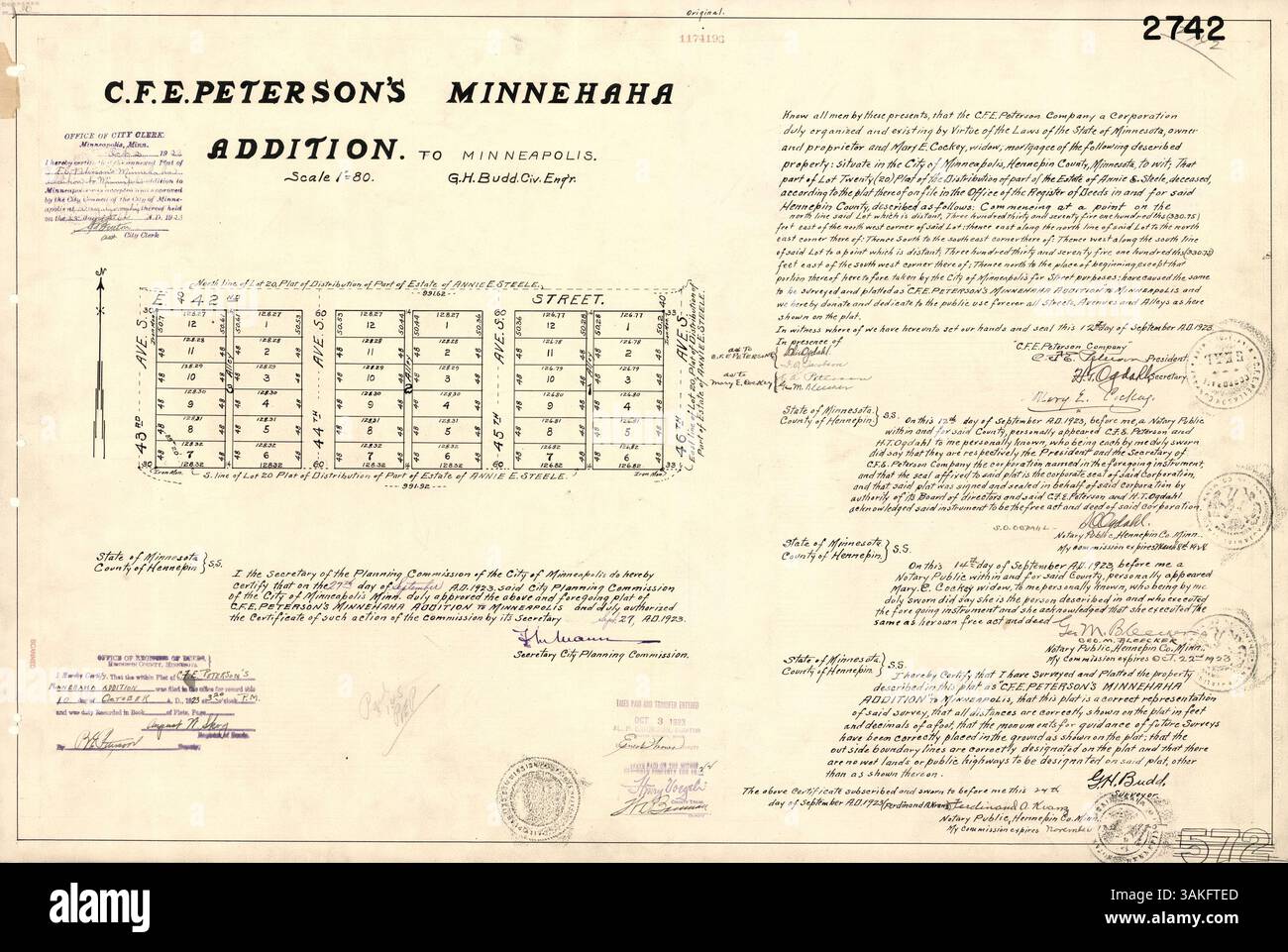 This map shows C.F.E. Peterson's Minnehaha Addition to Minneapolis, an ...