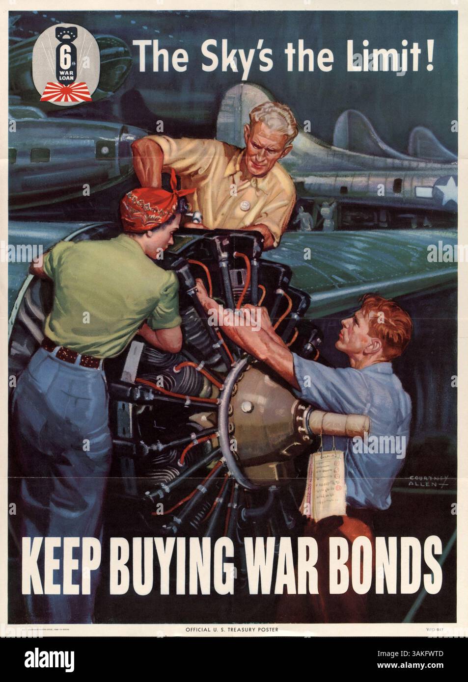 The 1944 war bonds poster shows two men and a woman working on a ...