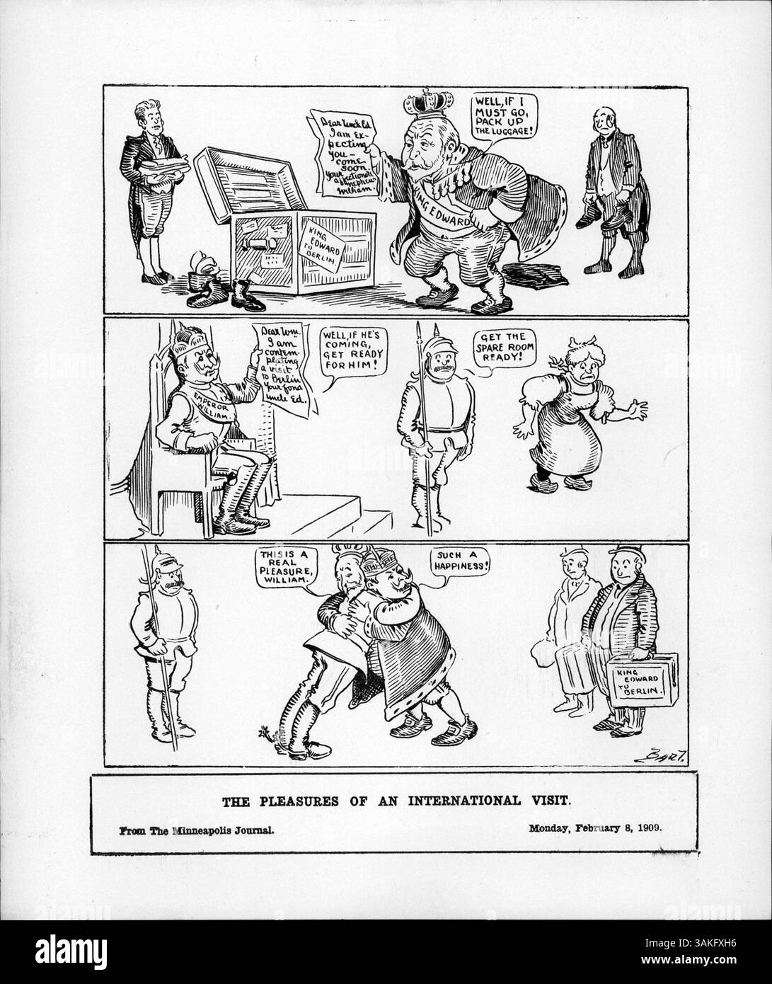 A cartoon depicts King Edward VII and Emperor William II humorously ...