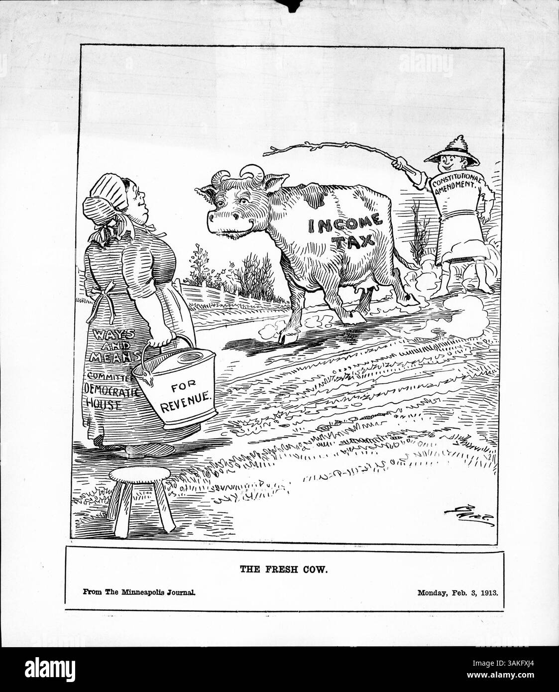 A satirical illustration shows a milkmaid labeled 'Ways and Means ...