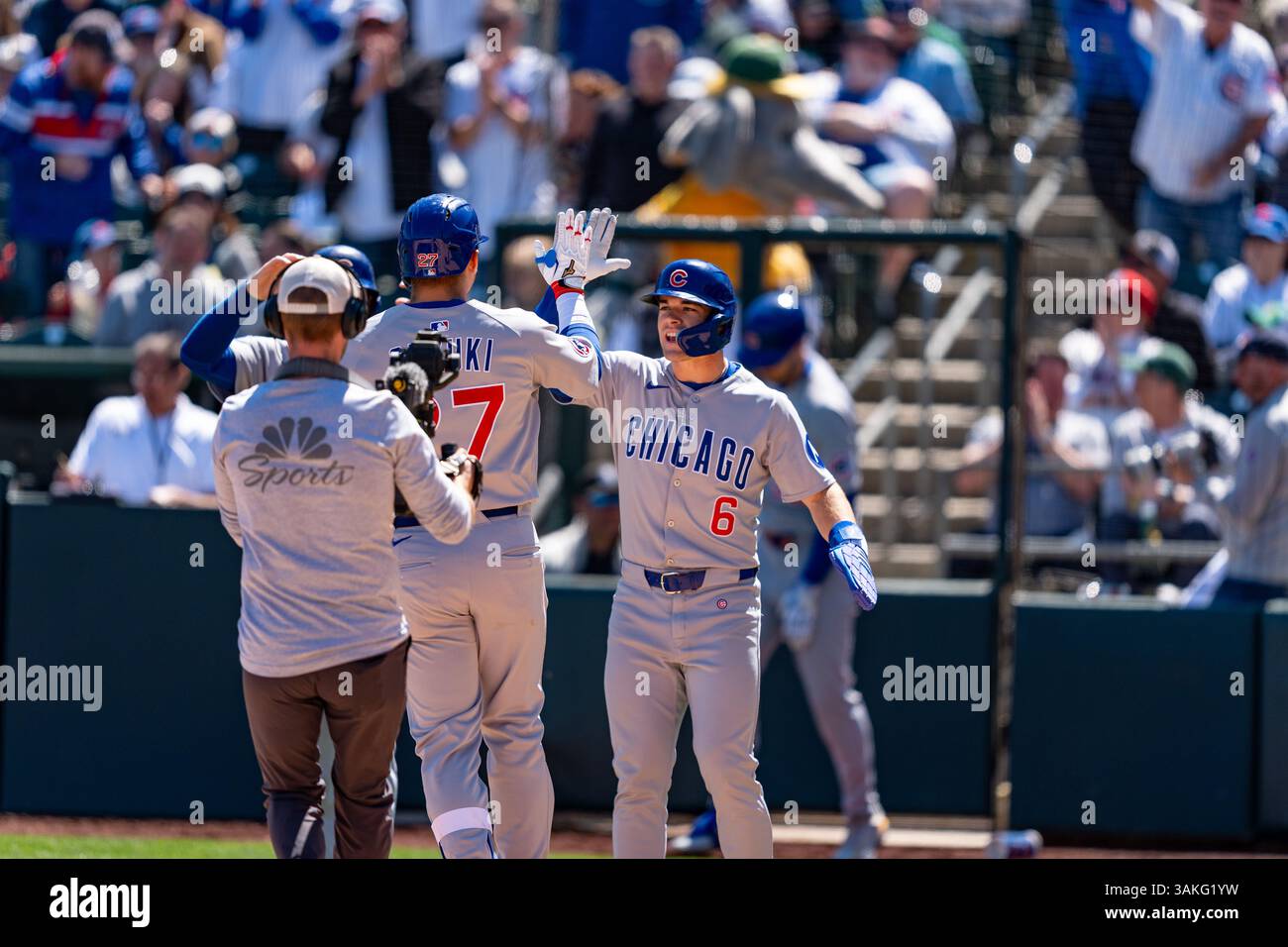 Chicago Cubs third baseman Matt Shaw (6) congratulates right fielder ...