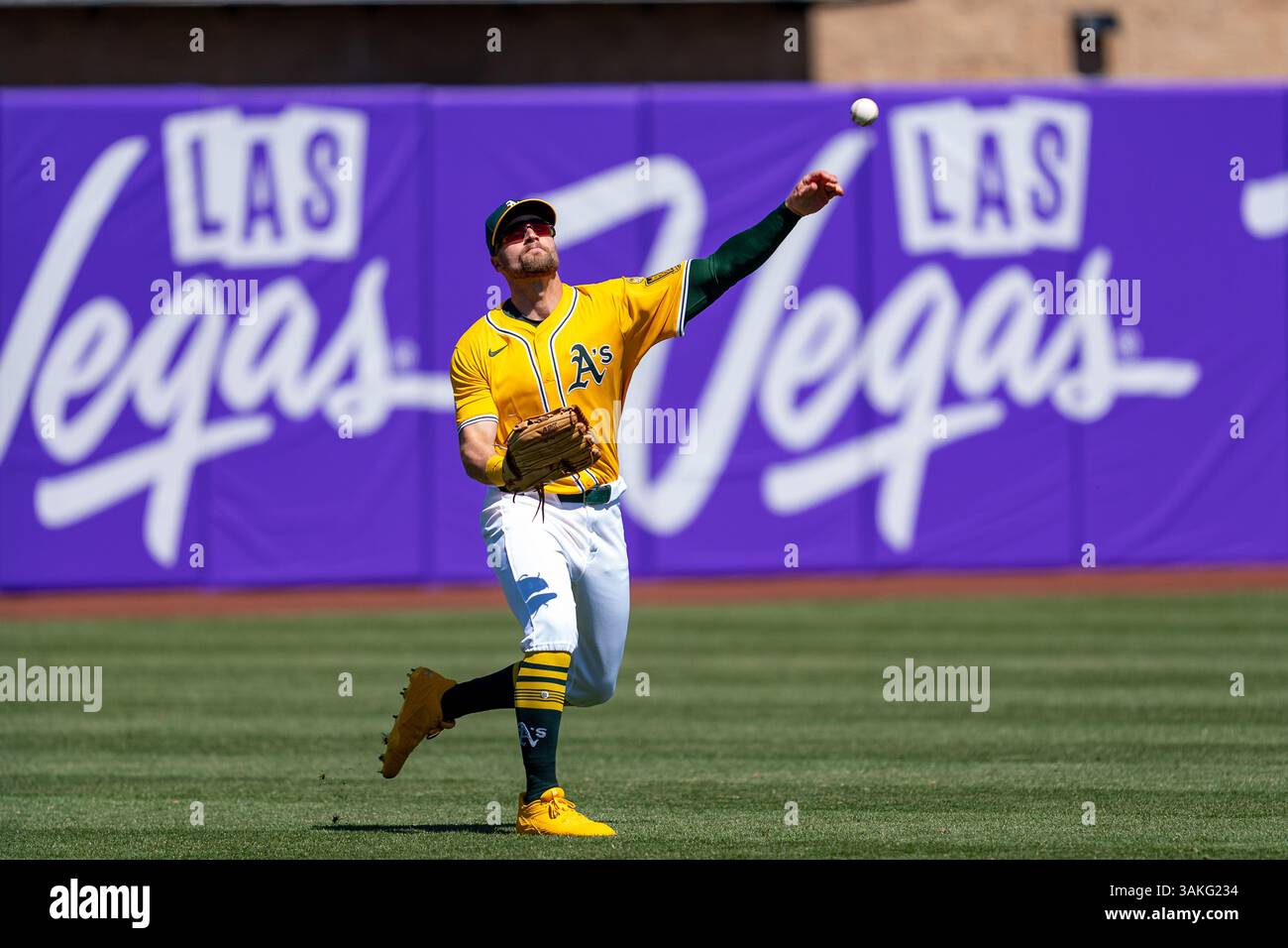 Oakland Athletics left fielder Seth Brown (5) fields and throws the ...