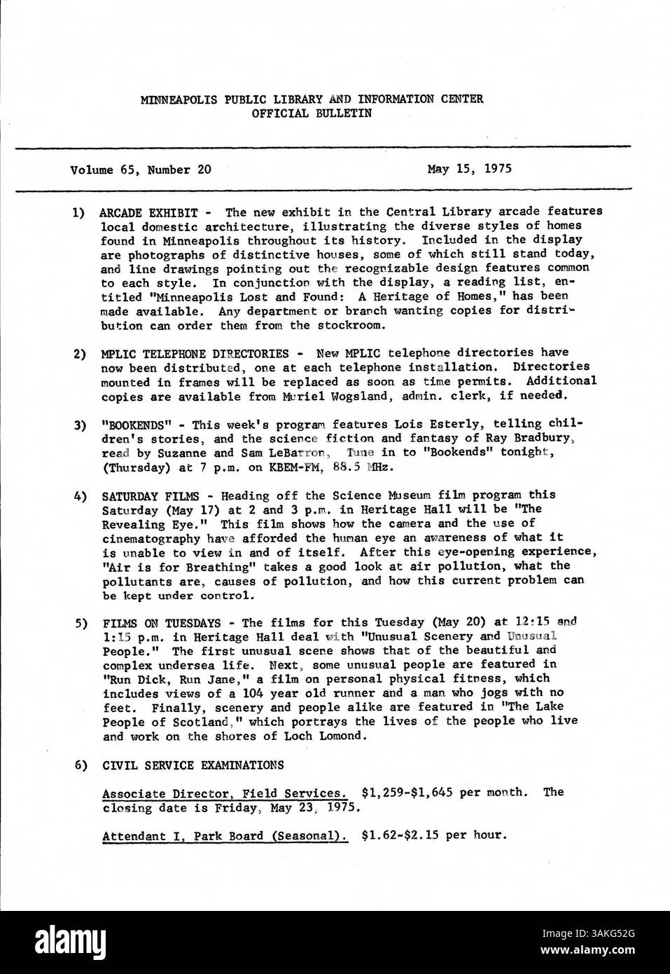 This 1975 weekly bulletin informed Minneapolis Public Library employees ...