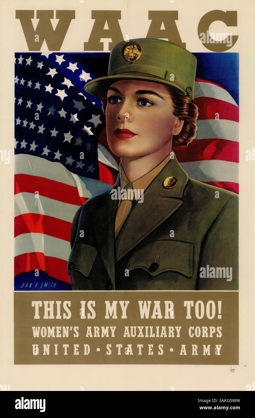 A Women's Army Auxiliary Corps soldier stands proudly in uniform in front of an American flag ...