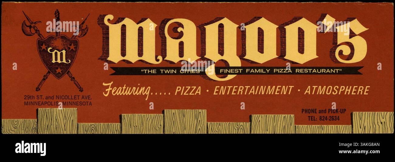 Magoo's Menu is a bi-fold menu printed on yellow cardstock with red and ...