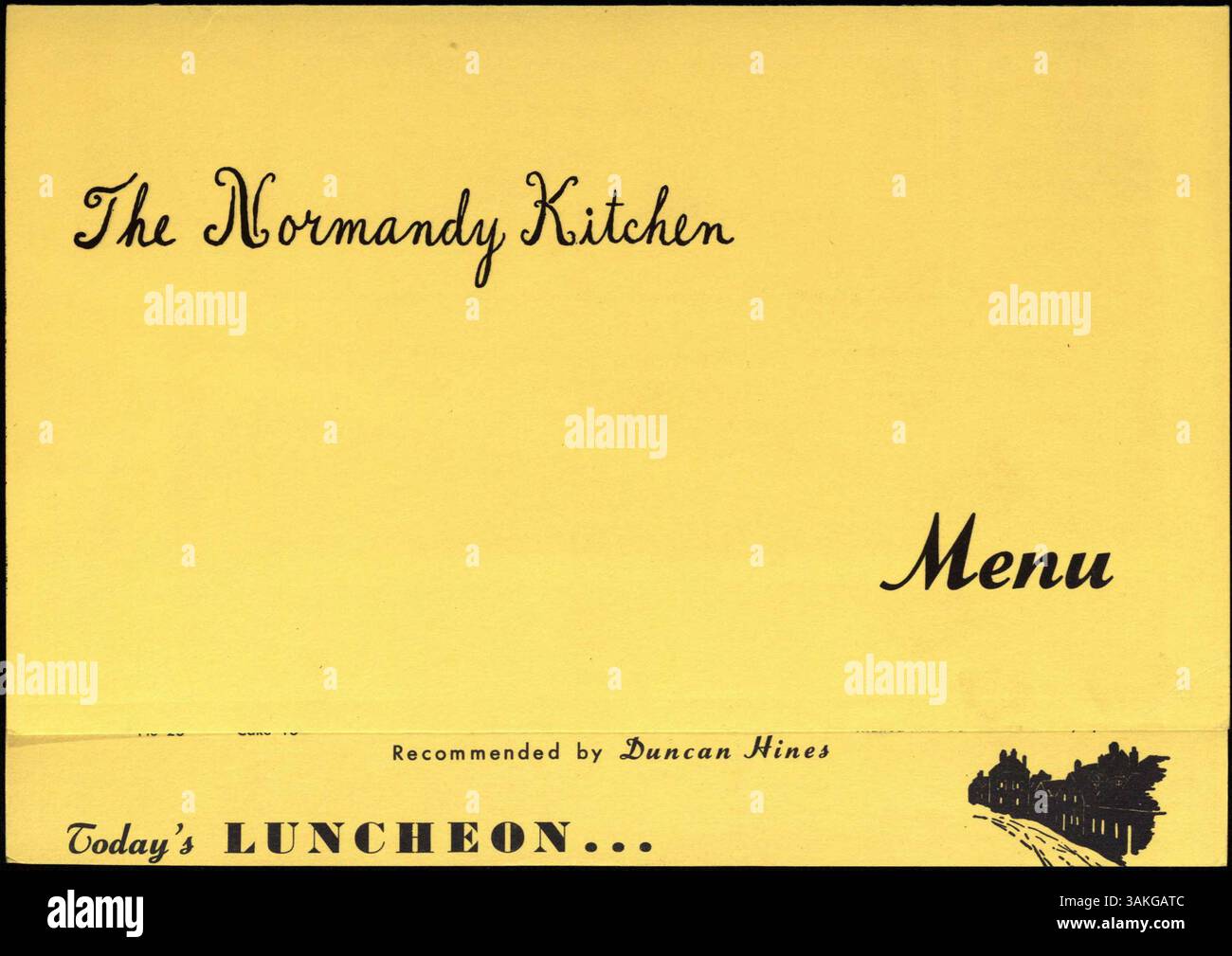 The Normandy Kitchen Luncheon Menu, printed on yellow cardstock with ...