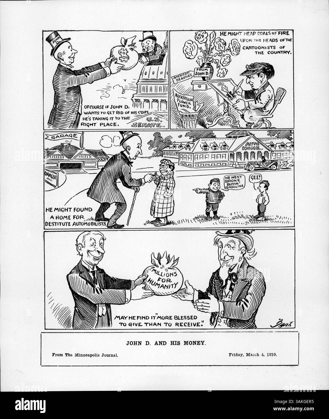 A cartoon depicting John D. Rockefeller Jr. donating money to various ...