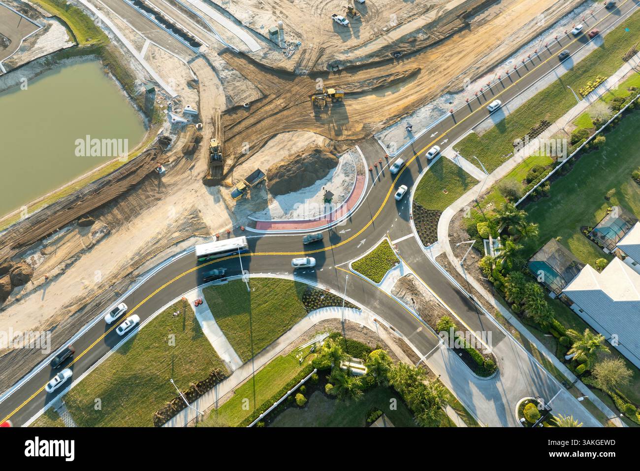 Aerial view of busy American highway road under construction ...
