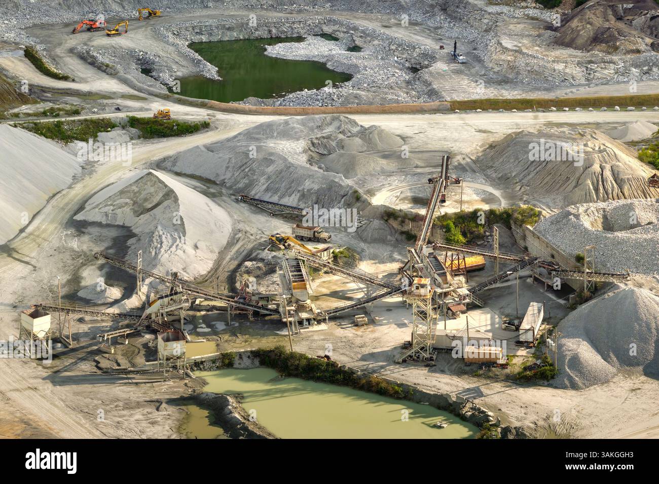 Aerial view of open pit mining site of limestone materials extraction ...