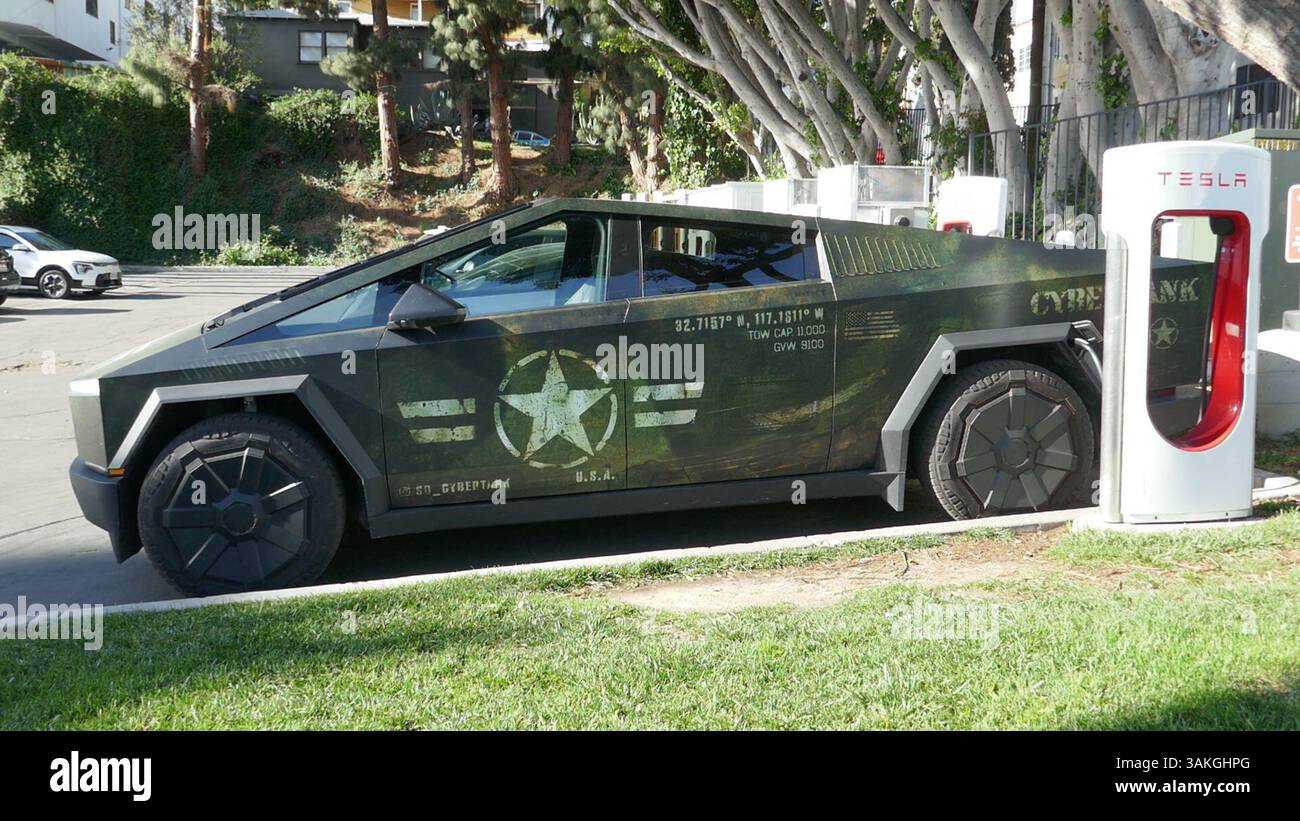 Los Angeles, California, USA 10th April 2025 Military Tesla Cybertank ...